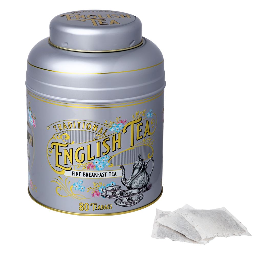 Vintage Victorian 80 Teabag Tea Caddy - Silver - New English Teas
